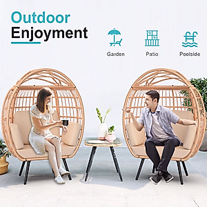 ZENPETIO Wicker Egg Chair, Oversized Indoor Outdoor Lounger with 4 UV Resistant Cushions, Storage Bag, All-Weather Wicker Egg Lounger Chair for Patio, Backyard, Living Room, 370lbs Capacity - Brown