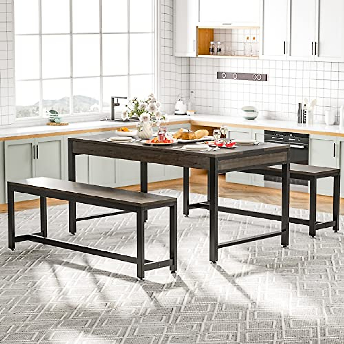 Tribesigns 63 Inch Large Dining Table Set for 4 to 6, Kitchen Breakfast Table with 2 Benches & Sided Drawer, 3-Piece Modern Industrial Bar Table Furniture for Dining Room, Gray Brown & Black