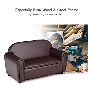 HONEY JOY Kids Sofa, 2 Seat Touch Couch Lounger Chair with Flip-Top Toy Storage Box, Children Comfy Loveseat Sofa Bed for Playroom Daycare Furniture, Mini Double Foam Play Couch for Boys Girls (Brown)