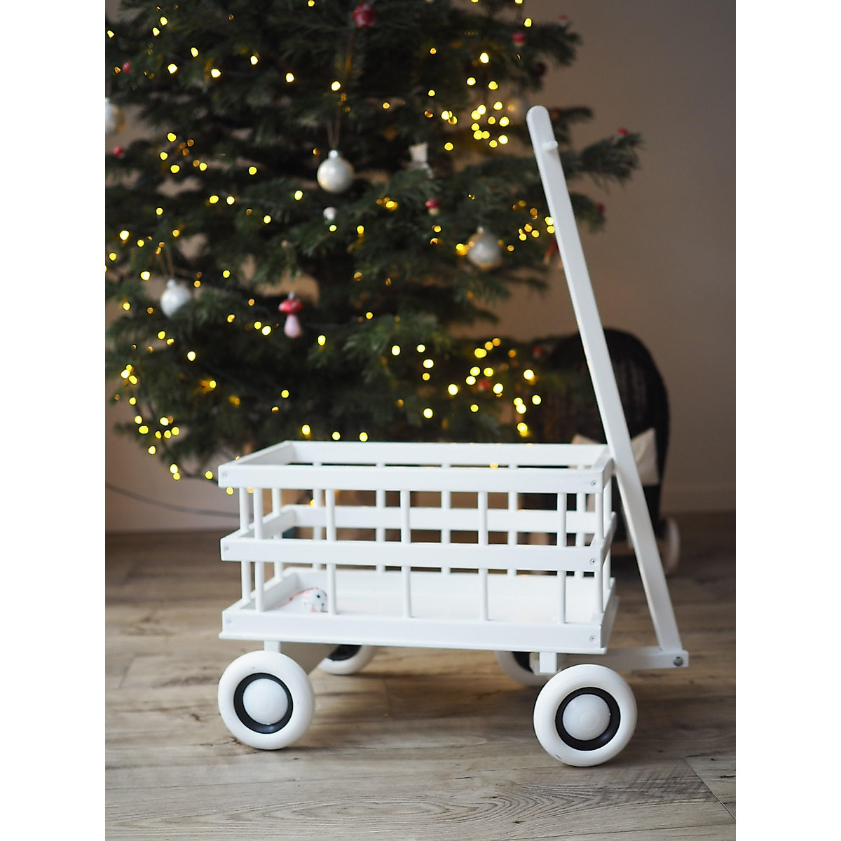 Premium Wooden Wagon JULEK - Safe and Beautiful | Ideal for Weddings and Flower Girls | Color: White Fluff | Wheels: Rubber
