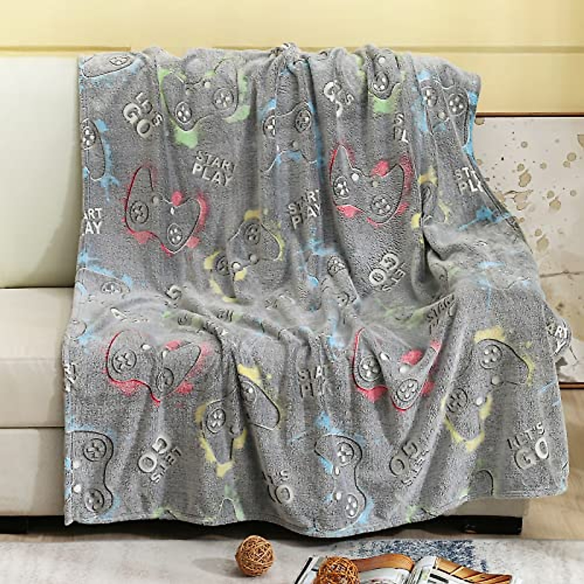 Gaming Gifts Toy Blanket Glow in The Dark for Girls Boys - Gamer Room Decor for Night Light Up, Game Controller Throw for Adult Kids, Christmas Valentines Day Birthday Gifts for Age 2-10 Year Old