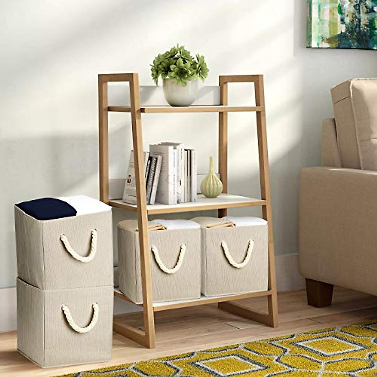 i BKGOO Foldable Storage Cube Bins Dark Grey Bamboo Fabric Collapsible Resistant Basket Box Organizer with Cotton Rope Handle for Home Office and Nursery 10.5x10.5x11 inch