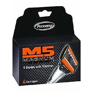 Personna, M5 Magnum razor Blades with Trimmer, 24 Cartridges - 6 packages of 4 Cartridges for a total of 24 Cartridges