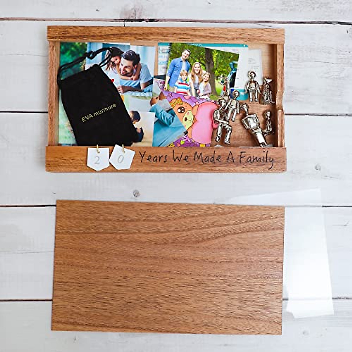 EVA murmure Personalized Romantic Wedding and Anniversary Keepsake Box with Family Statue - Wooden Memory Picture Box for Cherished Keepsakes and Ticket Storage - Elegant House Decor and Couple Gift