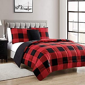 Sweet Home Collection Comforter Set 4 Piece Buffalo Check Plaid Design Soft and Luxurious All Season Warmth Down Alternative Reversible to Solid Color with 2 Shams & Throw Pillow, King, Burgundy