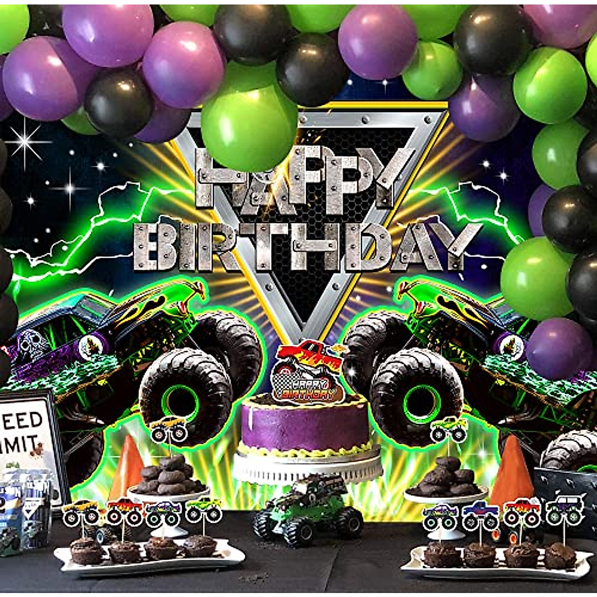 SVBright Green Truck Backdrop 7Wx5H Monster Racing Car Stadium Auditorium Light Terrain Vehicle Locomotive Boys Happy Birthday Decorations Photography Background Banner Photo Booth Studio