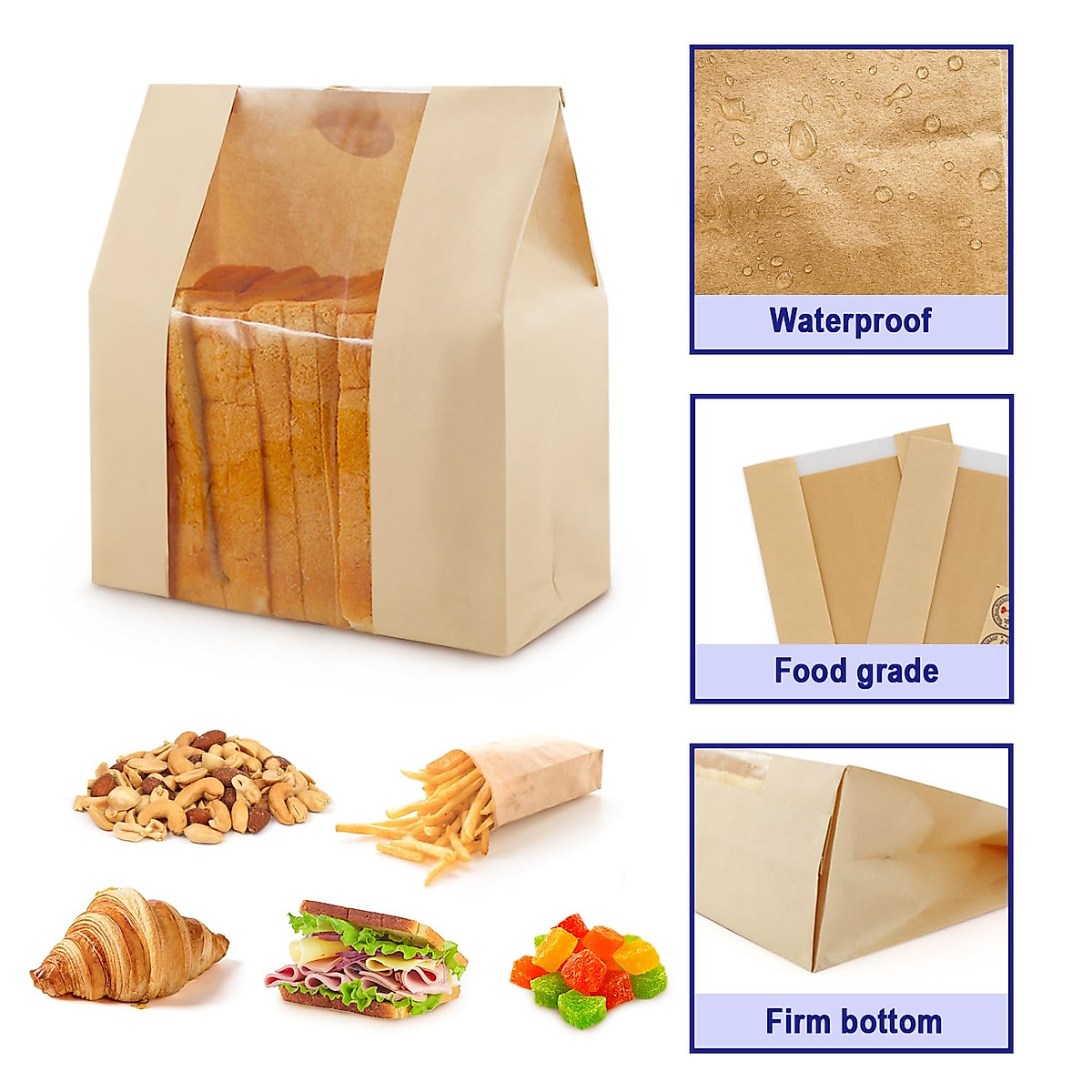 Pack of 35 Paper Bread Bags for Homemade Bread, Paper Bakery Bag for Baked Food Packaging Storage, Large Kraft Paper Bread Loaf Bag with Window Label Seal Sticker included Pack of 35,12.5x8.3x4 Inches