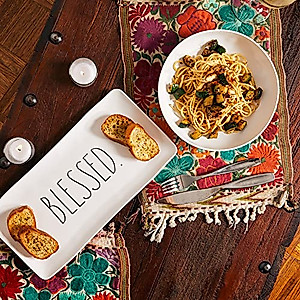 Rae Dunn Melamine Serving Platter- Durable Dishwasher Safe White Rectangular Dessert Plate/Salad Plates (14.25") - Serving Trays for Parties, Sushi, Serving Plates, Blessed