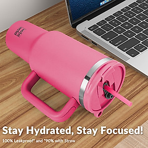 WETOWETO 40oz Tumbler with Handle | Insulated Stainless Steel Travel Mug | 34Hrs Cold & 10Hrs Hot Retention | 100% Leakproof Lid & Straw | Dishwasher Safe + Car Cup Holder Fit (Bright Pink)