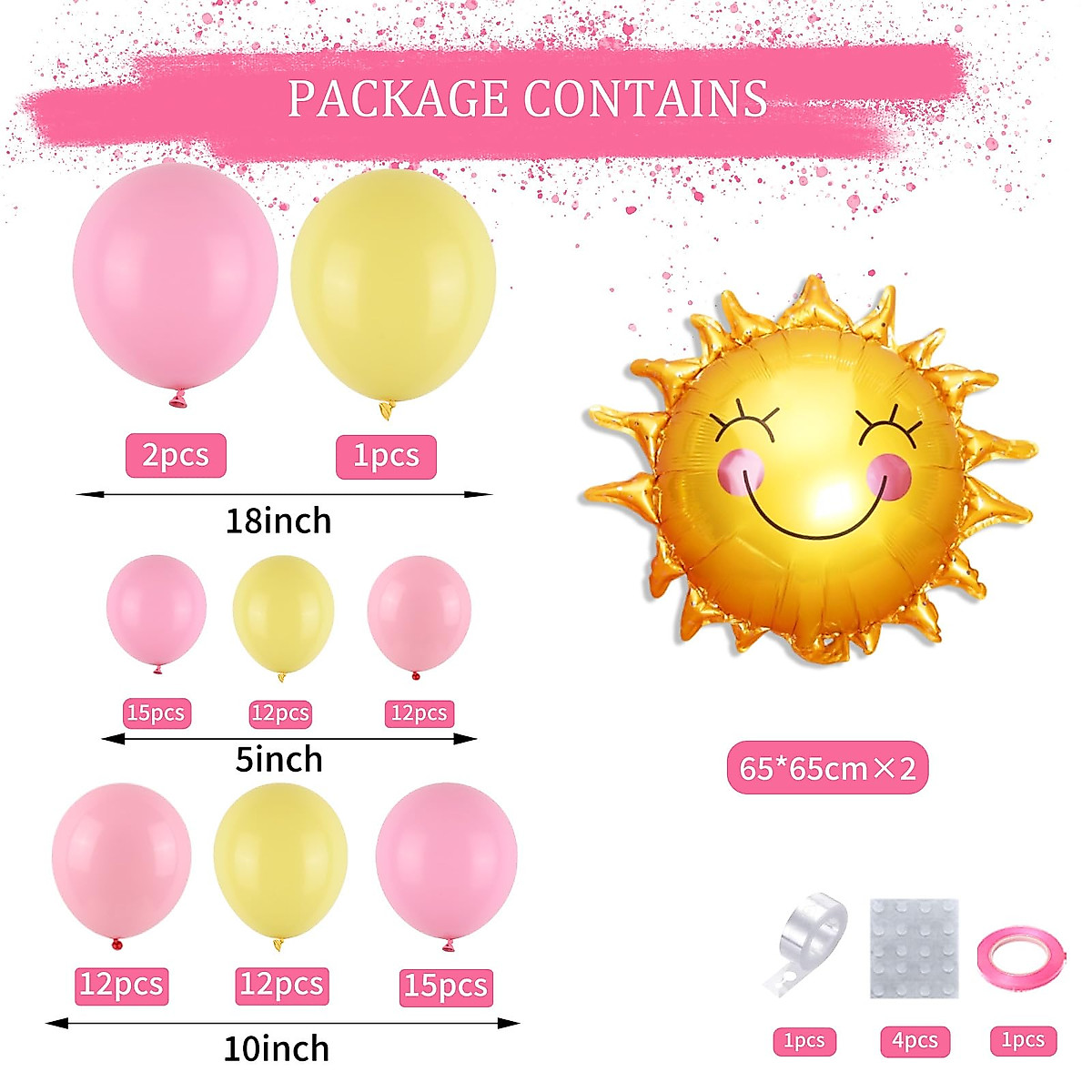 First Trip Around The Sun Birthday Decorations for Girls，Pink and Yellow Balloons Garland Kit with Sunshine Balloons Boho Sun 1st Baby Shower Party Supplies