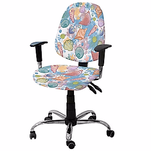 Colorful Conch Shell Office Chair Cover Stretchable Computer Chair Seat Cover Backrest Slipcovers, Ocean Beach Starfish Coastal Blue Pink Stretchable Rotating Desk Chair Seat Cushion Split Protectors