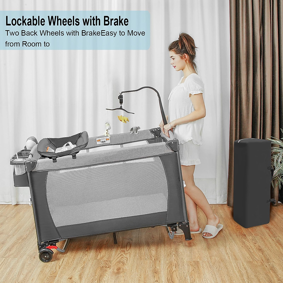 Afgbf Baby Bassinet Bedside Crib with Diaper Changer, 5 in 1 Pack and Play, Playpen Travel Bed with Storage, Baby Playard with 4 Adjustable Height, Carry Bag, Easy to Install, Grey