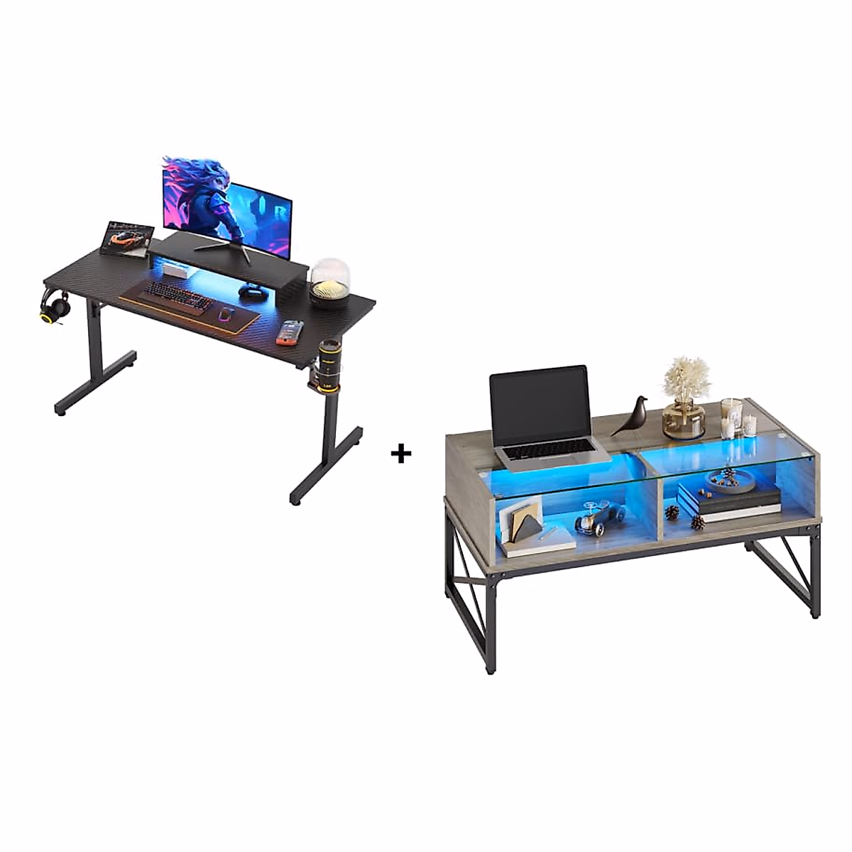 Bestie Gaming Room Set 42 inch LED Small Gaming Desk with Monitor Stand Bundle with LED Coffee Tables for Living Room,