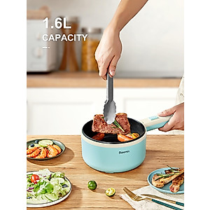 Reemix Hot Pot Electric With Steamer, 1.6L Ramen Cooker Non-Stick Sauté Pan for Steak, Egg, Fried Rice, Ramen, Oatmeal, Soup, Portable Personal Hot Pot Perfect Suit for Dorm Room and Apartment (Aqua)