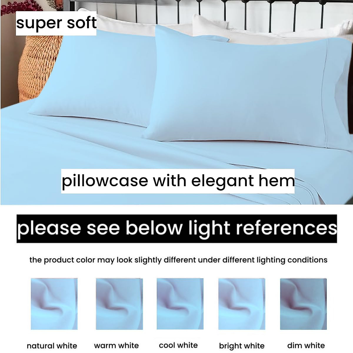 Pillowcases Queen Light Blue Set of 2 Envelope Closure End Easy Fit All Season Warm Soft and Breathable Material Machine Washable