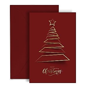 easykart labels 20 Christmas Greeting Cards with Gold Foiling Xmas Tree, 6.75 x 4.5 Size, Dark Red Self Paper with Red Envelope with Seal Stickers For Friends, Family and loved Ones