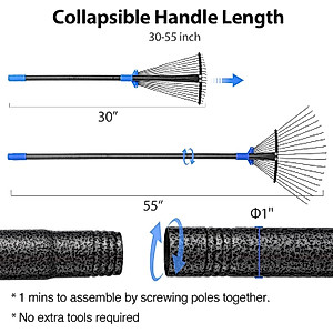 Adjustable Metal Leaf Rake Long Handle, Garden Rakes for Lawns Heavy Duty Leaves with Expandable Head 8-17", Yard Women Kids Rake for Gardening RV Camping