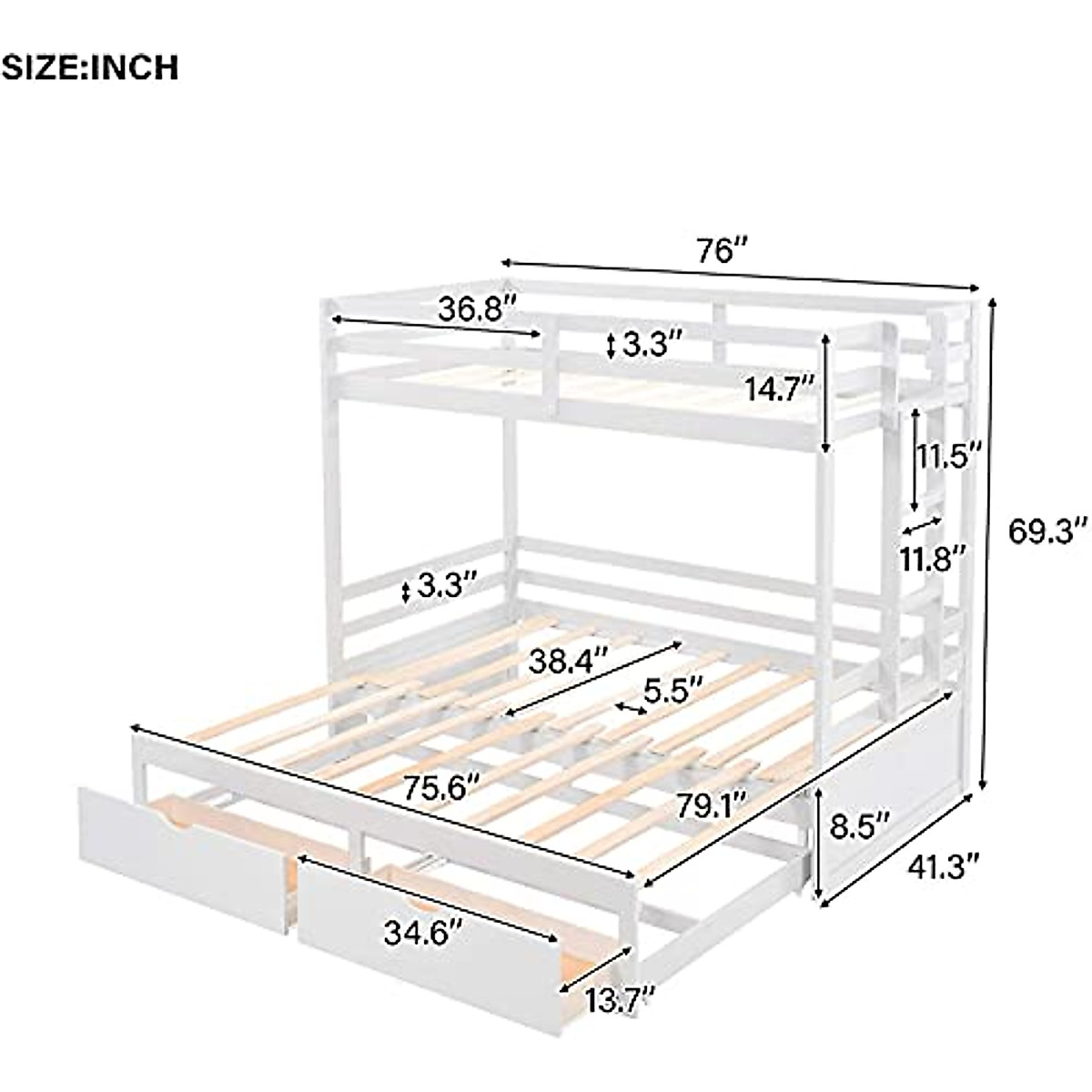 ATH-S Extendable Bunk Bed with Trundle, Wooden Twin Over Twin/Full/King Bunk Bed, Convert Bunk Bed with Storage Drawers (Color : White)
