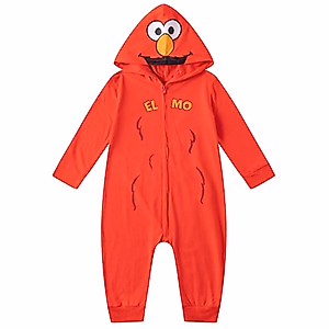 Sesame Street Boys’ Elmo or Cookie Monster Zip Up Long Sleeve Hooded Romper for Newborn, Infant and Toddler Kids