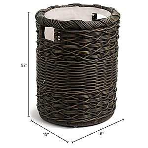 The Basket Lady Small Round Wicker Hamper, 15 in Dia x 22 in H, Antique Walnut Brown