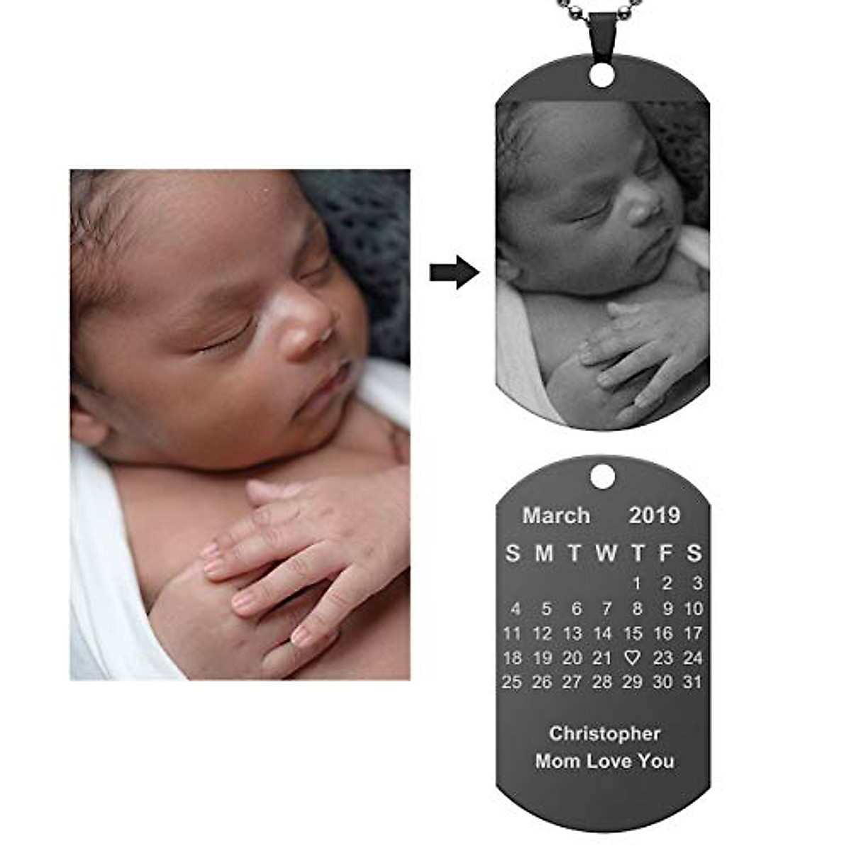 Jovivi Personalized Photo Picture Necklace Custom Special Date Calendar Dog Tag Pendant Engraved Name Messsage for Couples Anniversary Day Gifts