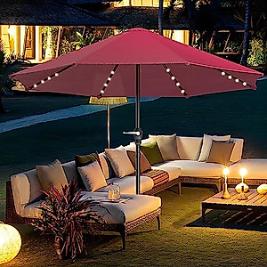 Magshion 9FT Solar Patio Umbrella with 32 LED Lights, Outdoor Market Umbrella with 8 Steel Ribs & Crank Lift, Windproof Sunshade for Garden, Deck, Backyard & Pool (Burgundy)