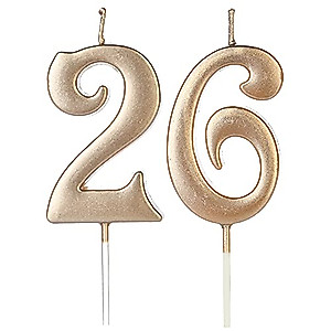 26th & 62nd Number Birthday Candles for Cake Topper, Number 62 26 Glitter Premium Candle Party Anniversary Celebration Decoration for Kids Women or Men, Champagne Gold
