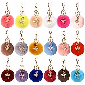 CIEOVO 18 Pieces Pom Poms Keychains Fluffy Pompoms Keyring With Dancing Girl Keychain for Girls Bag Craft