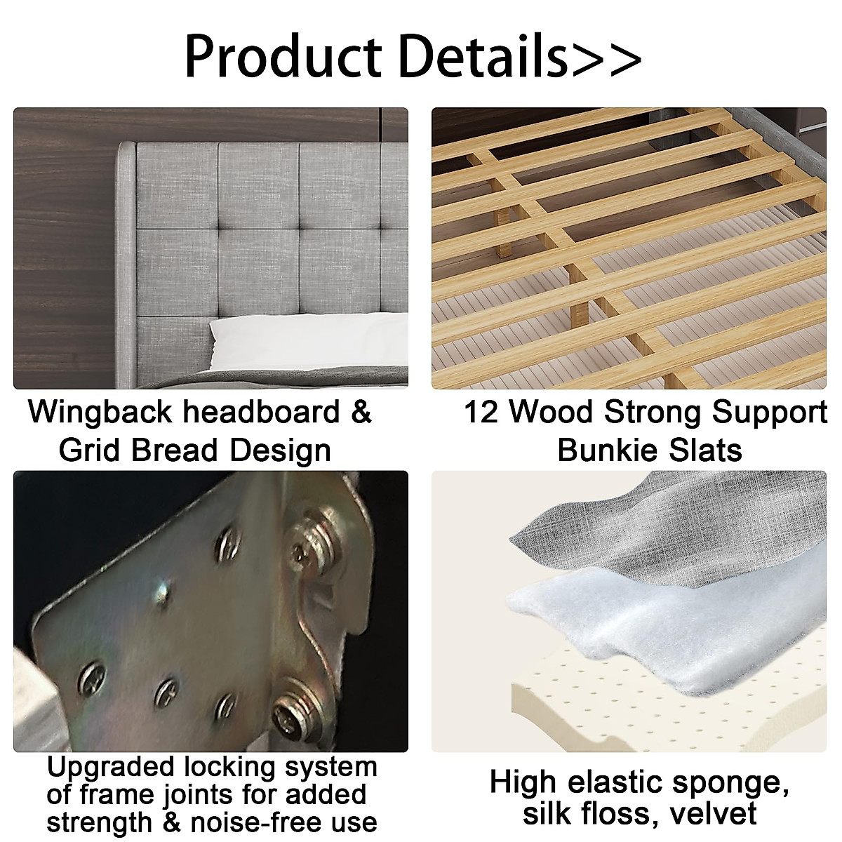 Nathaniel Home Bed Frame Queen Size Platform Bed, Tufted Upholstered Bed with Square Stitched Headboard, Queen Bed Frame with Wingback, Strong Wooden Slats, Easy Assembly…