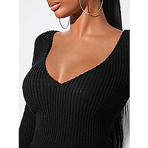Verdusa Women's Deep V Neck Long Sleeve Ribbed Knit Fishtail Maxi Bodycon Sweater Dress Black XS
