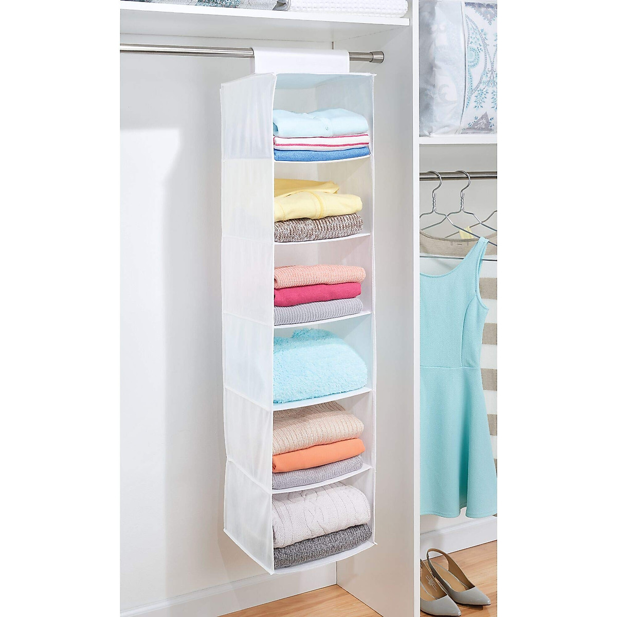 iDesign Fabric 6-Shelf Hanging Closet Storage Organizer for Clothing, Sweaters, Shoes, Accessories in Bedrooms, College Dorms, 11.75" x 11.75" x 50" - White