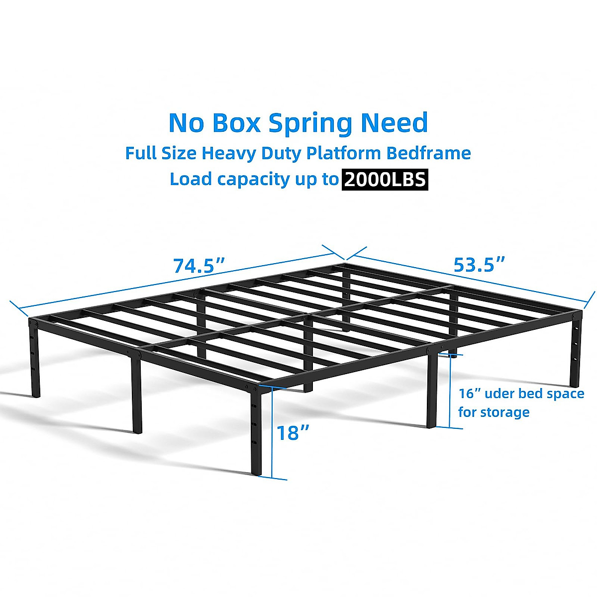 Meberam 18 Inch Full Size Metal Platform Bed Frame Heavy Duty Mattress Foundation Support No Box Spring Need, Black