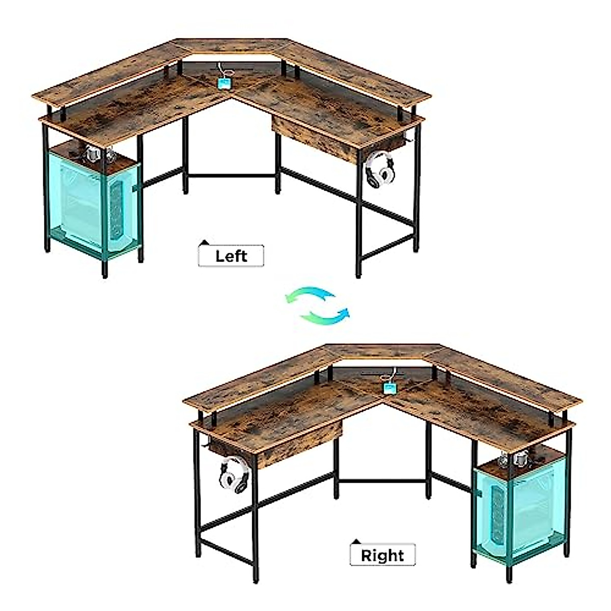 Rolanstar L Shaped Gaming Desk with Drawer, 55.1" Reversible Computer Desk with Power Outlets & LED Lights, Home Office Desk with Monitor Stand & Storage Shelf, Desk with Hooks Rustic Brown