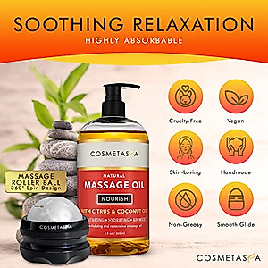 Natural Nourishing Massage Oil with Massage Roller Ball- Coconut & Citrus- Non Greasy, with Therapeutic Rejuvenating, Hydrating & Aromatic Essential Oils for Dry Skin, Soothes Muscles & Joints 8.8 oz