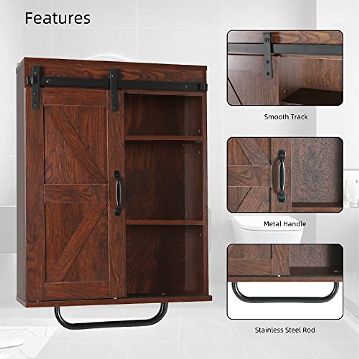 LUCKWIND Bathroom Farmhouse Medicine Cabinet with Sliding Barn Door, Retro Rustic Brown Wall Mounted Bathroom Cabinet w/Removable Towel Bar,Spaces Saving Storage Cabinet for Bathroom,Kitchen,Entryway