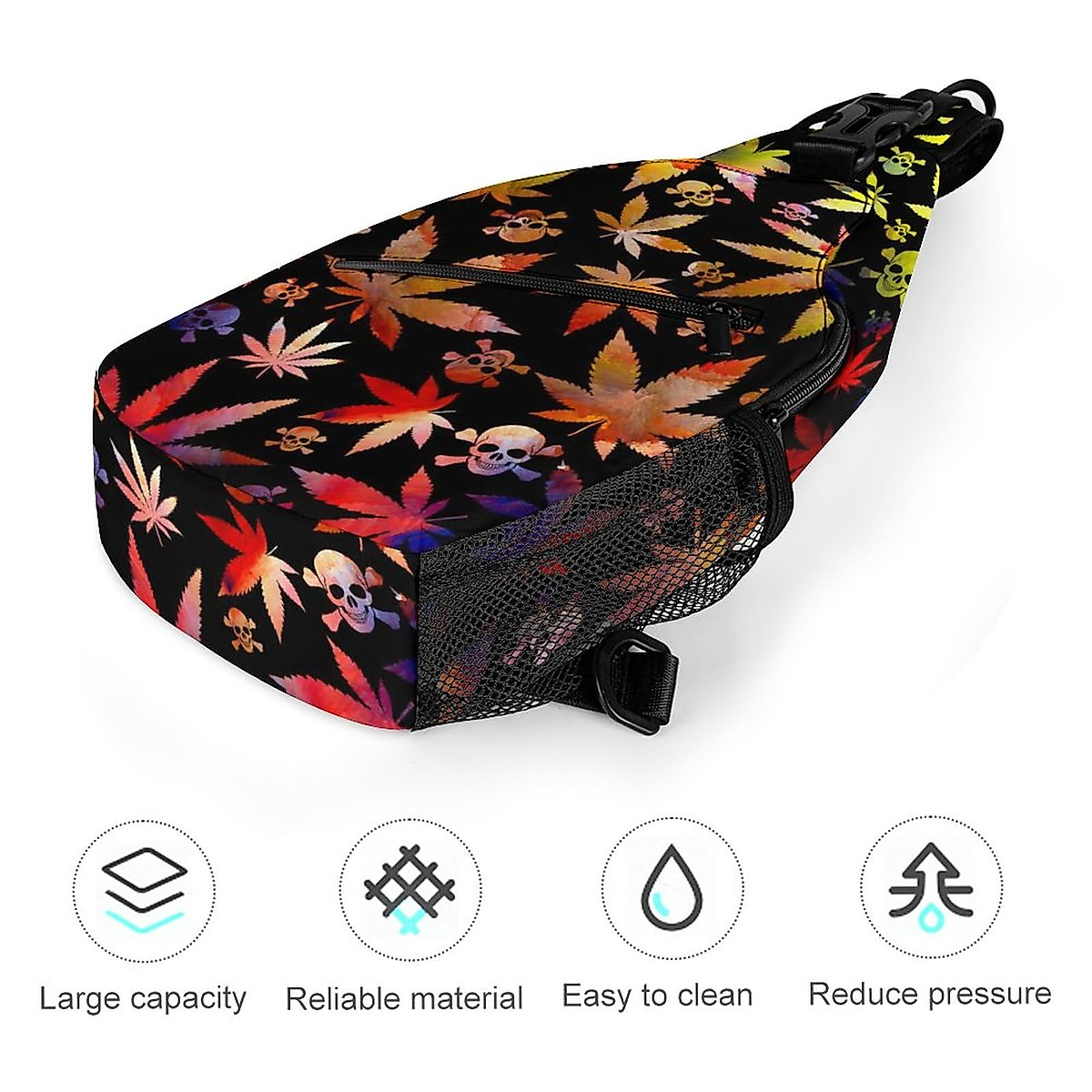 Lightweight Chest Shoulder Backpack For Travel Hiking Sling Bag Cross Body Personal Pocket Bag Compatible with Trippy Colorful Cannabis Marijuana Weed Leaf Skull Crossbones Black