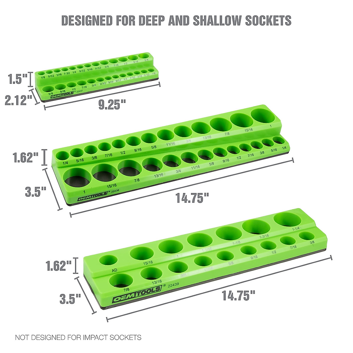 OEMTOOLS 22488 6 Pack Set Metric and SAE Magnetic Socket Tray Set, Black and Green Socket Organizers, 1/4, 3/8, 1/2 Inch Drive Socket Organizer Tray Set