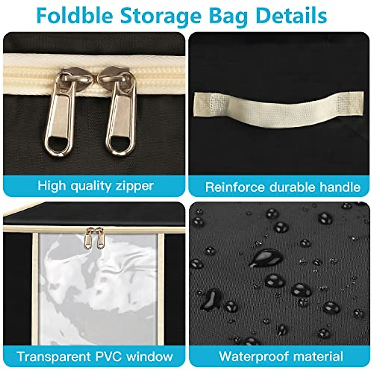 Supowin Large Capacity Clothes Storage Bags, 3-Pack Foldable Blanket Storage Organizer with Waterproof Oxford Cloth Material and Reinforced Handle, Sturdy Zipper, Clear Window, Bedding, 90L, Black