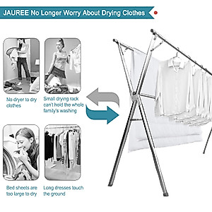 JAUREE 63 Inches Clothes Drying Rack, Stainless Steel Garment Rack Adjustable and Foldable Space Saving Laundry Drying Rack for Indoor Outdoor with 20 Windproof Hooks
