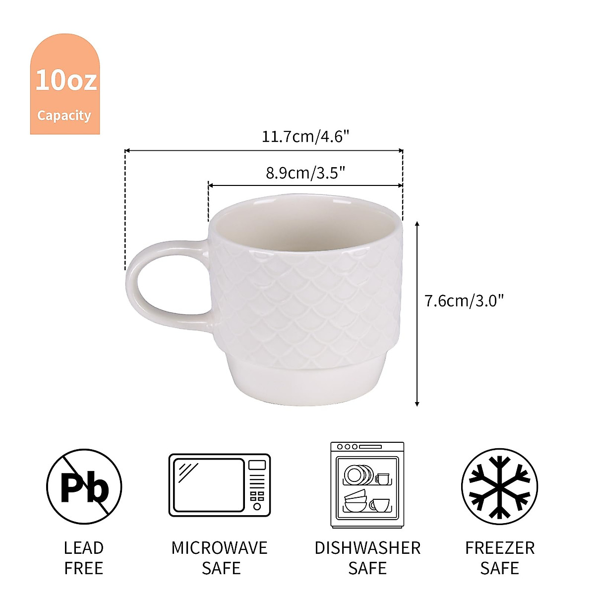 HORLIMER 10 oz Ceramic Coffee Mug Set of 6, White Coffee Cups with Handle for Tea, Latte, Cocoa, Milk, Cappuccino