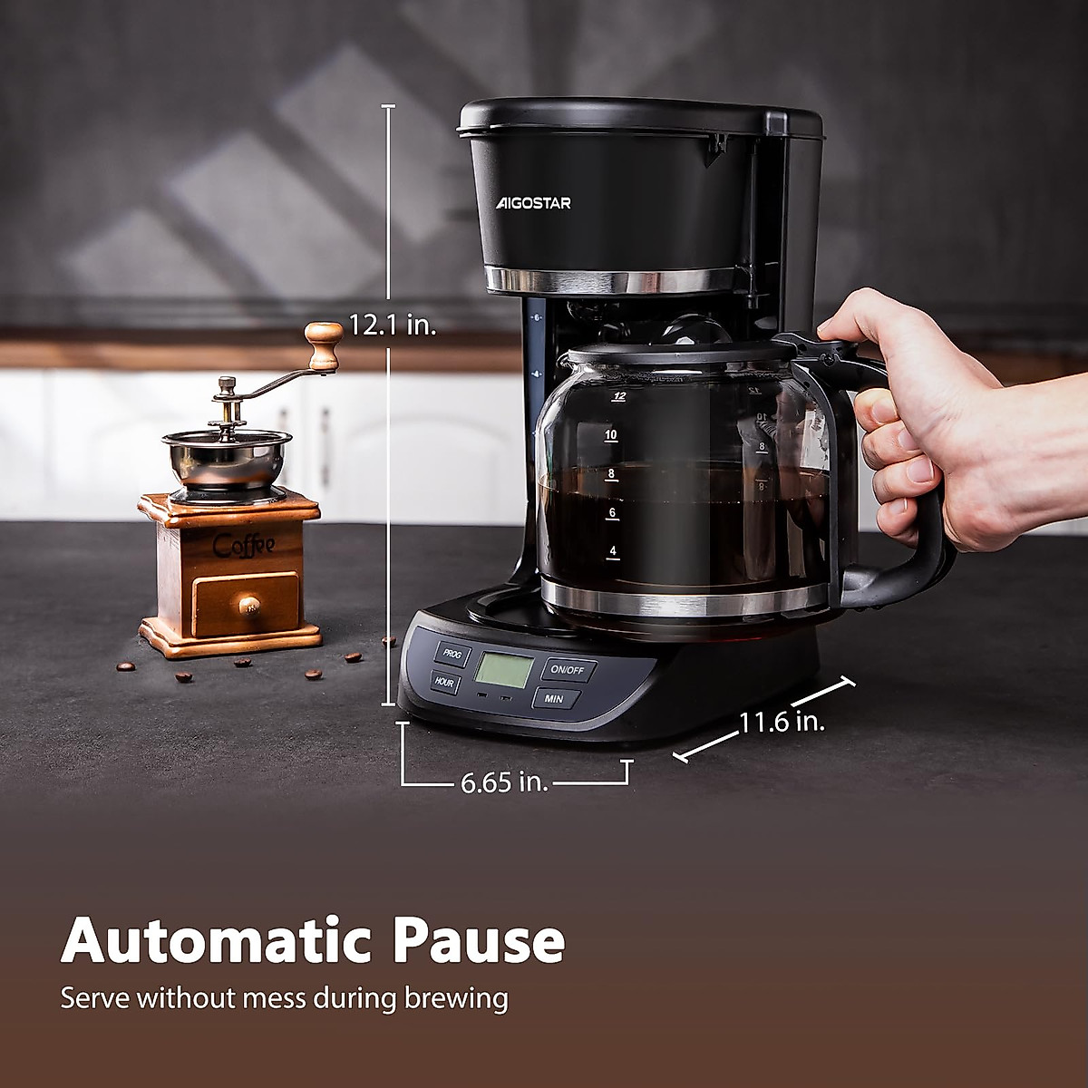 Aigostar Programmable Coffee Maker, 12 Cup Coffee Maker with Glass Carafe, Auto Pause Drip Coffee Maker, 24H Timer and Auto Keep Warm Small Coffee Maker with Permanent Filter, Black