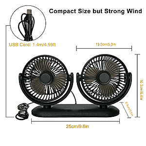 TriPole Car Fan Portable Dual Head Electric Vehicle Mounted USB 300 Degree Rotation Auto Cooling Fan 3 Speed Strong Wind Desk Fan for Dashboard SUV RV Truck Sedan Home Office