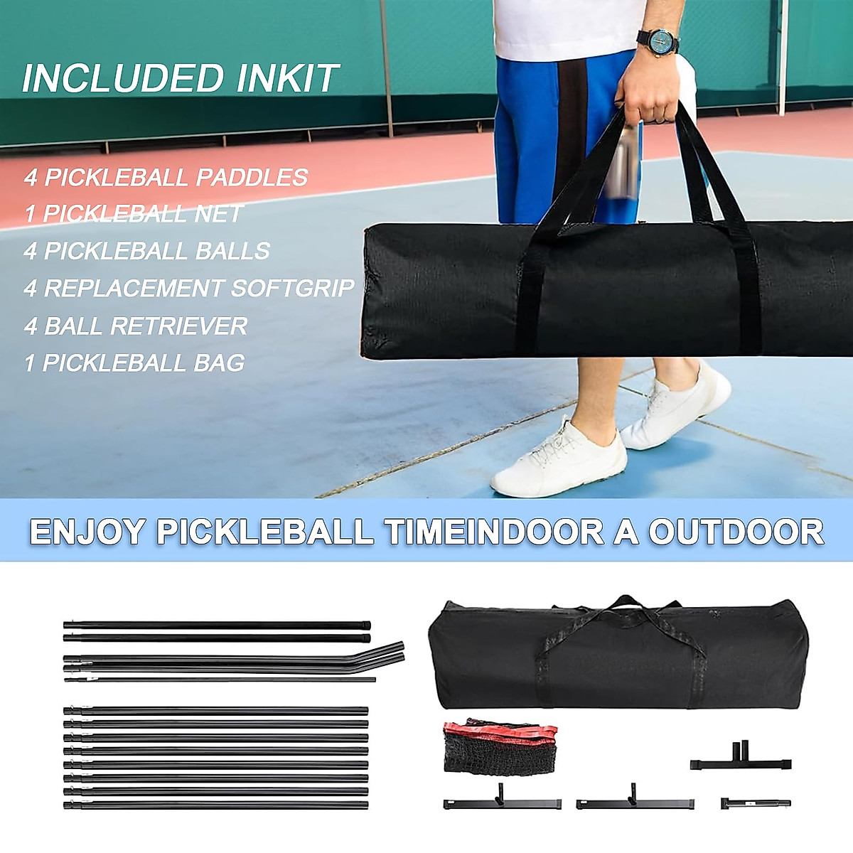 Pennpliy Pickleball Set with Net and Paddles, 22 FT Portable Net, 4 Fiberglass Paddles, 4 Balls, Black