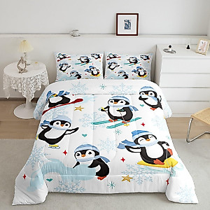 Winter Snowflake New Year Bed Comforter Set Queen Size,Cute Cartoon Skiing Penguin Super Soft Microfiber Bedding Set for Girls Boys,Merry Christmas Theme Decorative Quilter Set