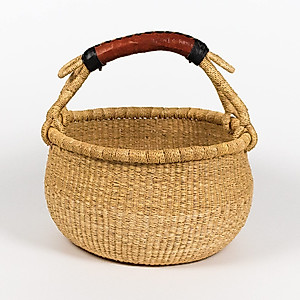 Bolga Zaare Market Basket, Handmade in Ghana by Women Artisans, Natural, Large, 16"-18" Diameter x 9"-10" H, RED Handle (1 Basket)
