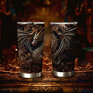 64HYDRO 20oz Steampunk Mechanical Engineer Clockwork Dragon Tumbler, Gaming, Gamer Gifts for Dragon Lovers, Stainless Steel Double Wall Vacuum Insulated Coffee Mug, Travel Cup with Lid