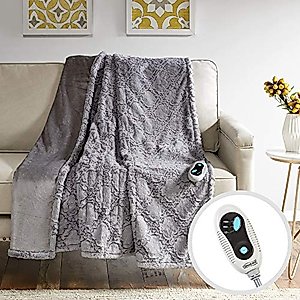 Beautyrest Brushed Long Fur Electric Throw Blanket Ogee Pattern Warm and Soft Heated Wrap with Auto Shutoff, 50 in x 60 in, Grey