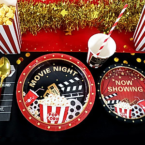 Recheel Movie Night Party Supplies Decorations, Movie Theme Birthday Paper Plates and Napkins Set with Cups and Straws for 24 Guests, 120 Pcs Disposable Party Snack Dinnerwares