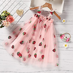 Toddler Baby Girls Tutu Dress Sleeveless Floral Print Layered Tulle Dress Little Girl Princess Dresses with Flower Headband (Strawberry, 1-2 T)