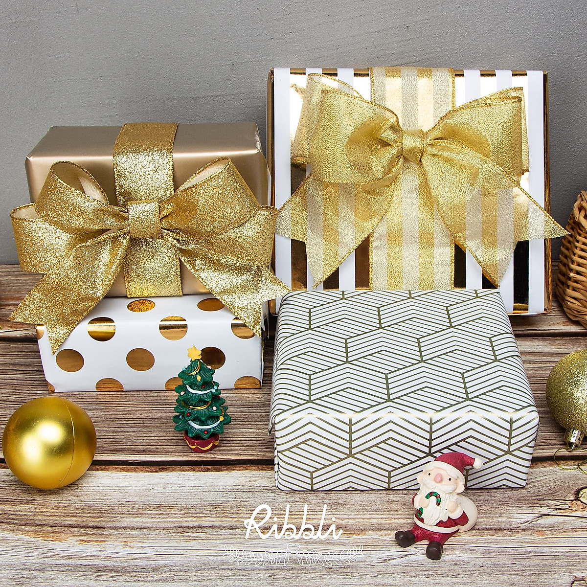 Ribbli Christmas Wrapping Paper, White and Gold Wrapping Paper for Birthday, Holiday, Wedding, Graduations, Baby Shower, Polka dots/Stripes/Geometric/Matte Gold,4 Rolls - 30 inch x 120 inch(10feet) Per Roll